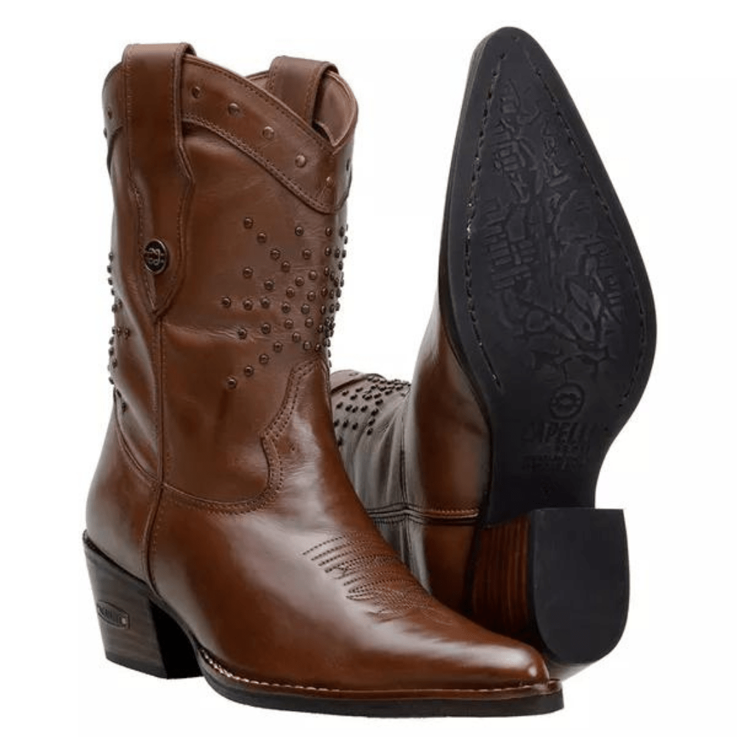 Bota Feminina Country Cano Médio Couro Nobre Cor Pinhão